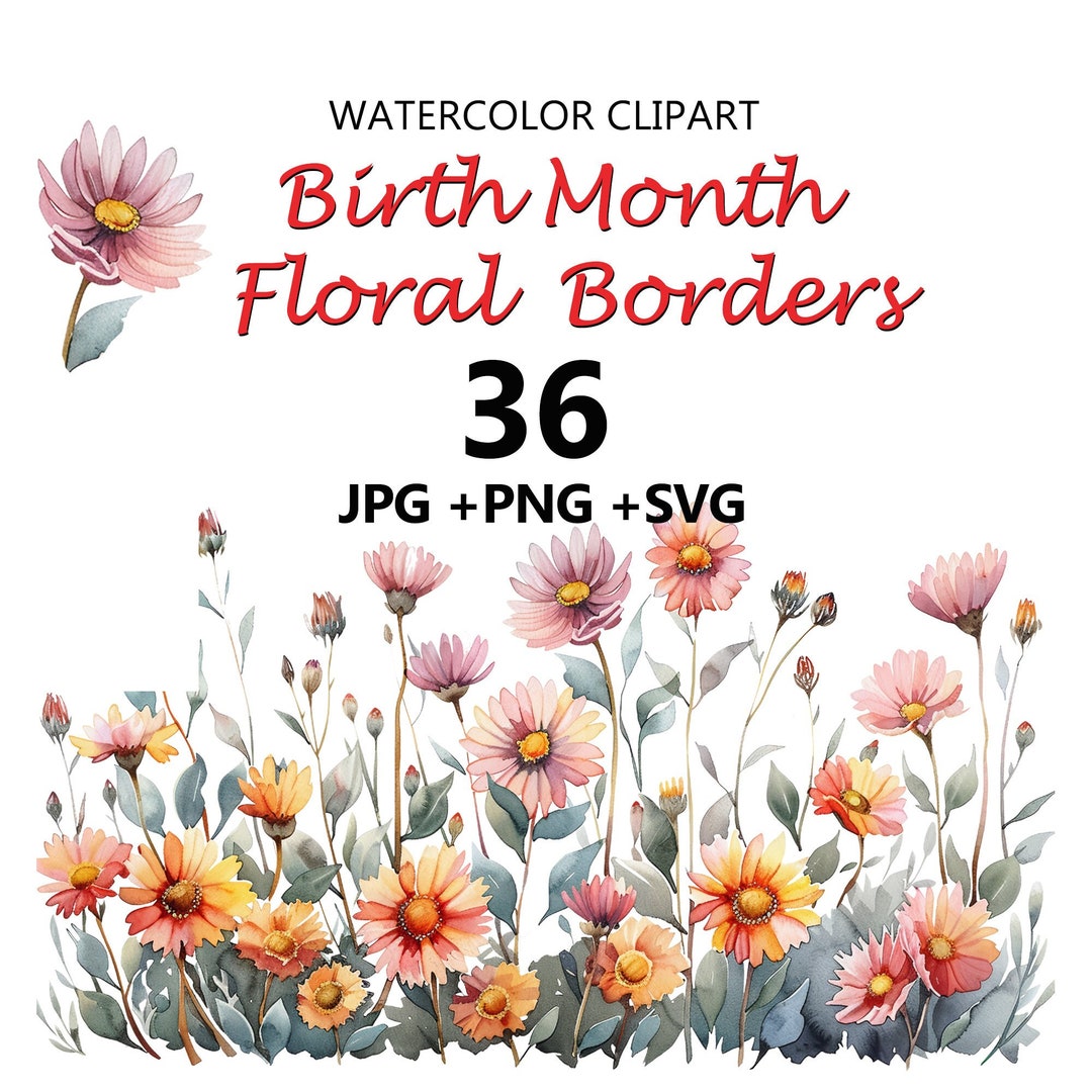 Watercolor Birth Month Flower Clipart: Floral Borders (36 PNG SVG JPG ...