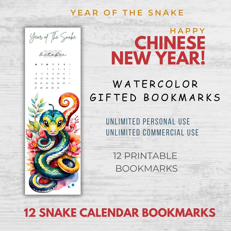 Giftful Bookmarks With 2025 Minicalendar for Year of the Snake – 12 ...