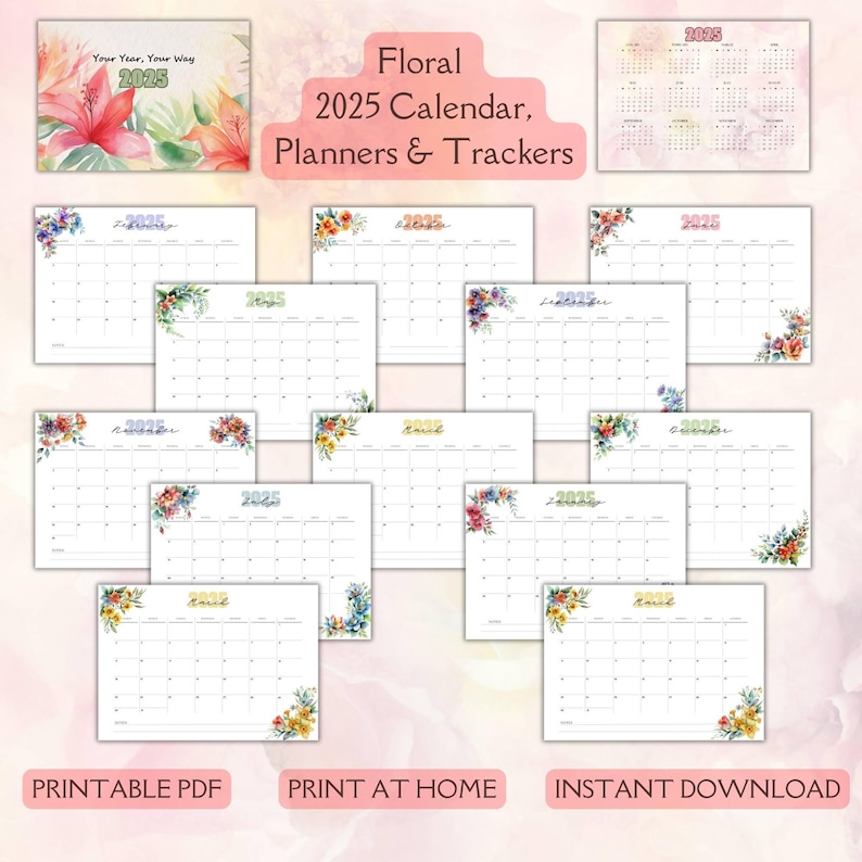 Downloadable 2025 Calendar, Watercolor Month Flower Printable Calendar ...