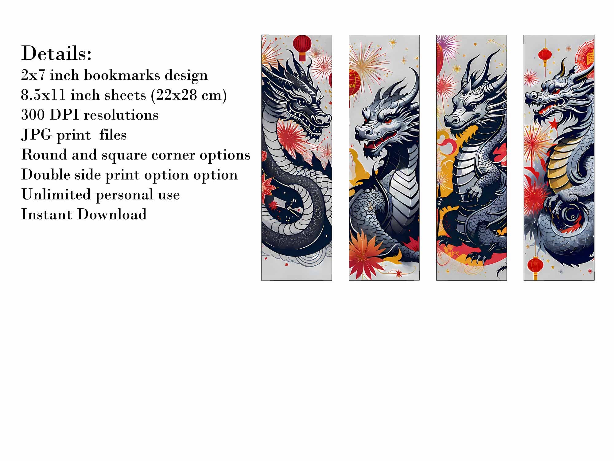 Printable Dragon Bookmarks for Chinese New Year: Set of 4, Unique Year ...