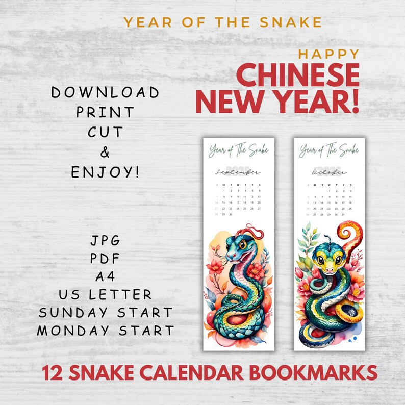 Giftful Bookmarks With 2025 Minicalendar for Year of the Snake – 12 ...