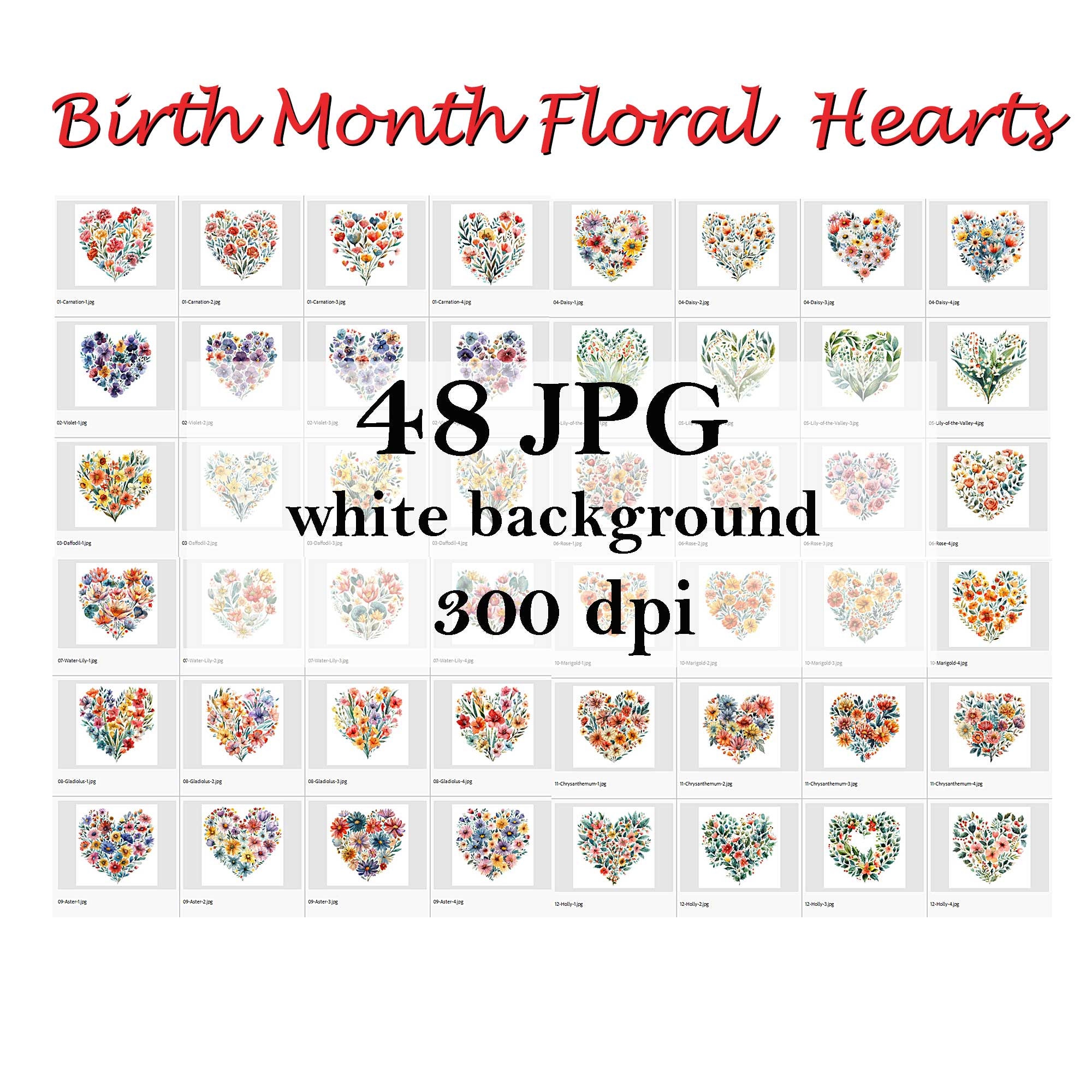 Watercolor Birth Month Flower Clipart: Heart-shaped Floral Designs ...