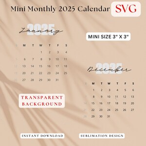 2025 Calendar SVG, Mini 2025 Monthly Calendar, Printable Sublimation ...