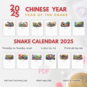 Year of Snake 2025 Calendar Printable PDF, Chinese New Year Gifted ...