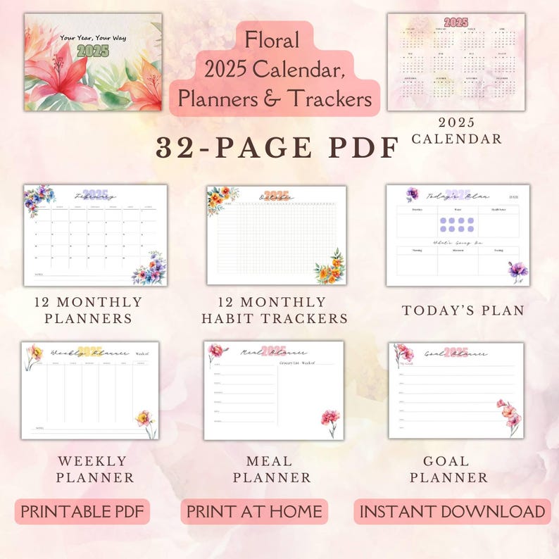 Downloadable 2025 Calendar, Watercolor Month Flower Printable Calendar ...