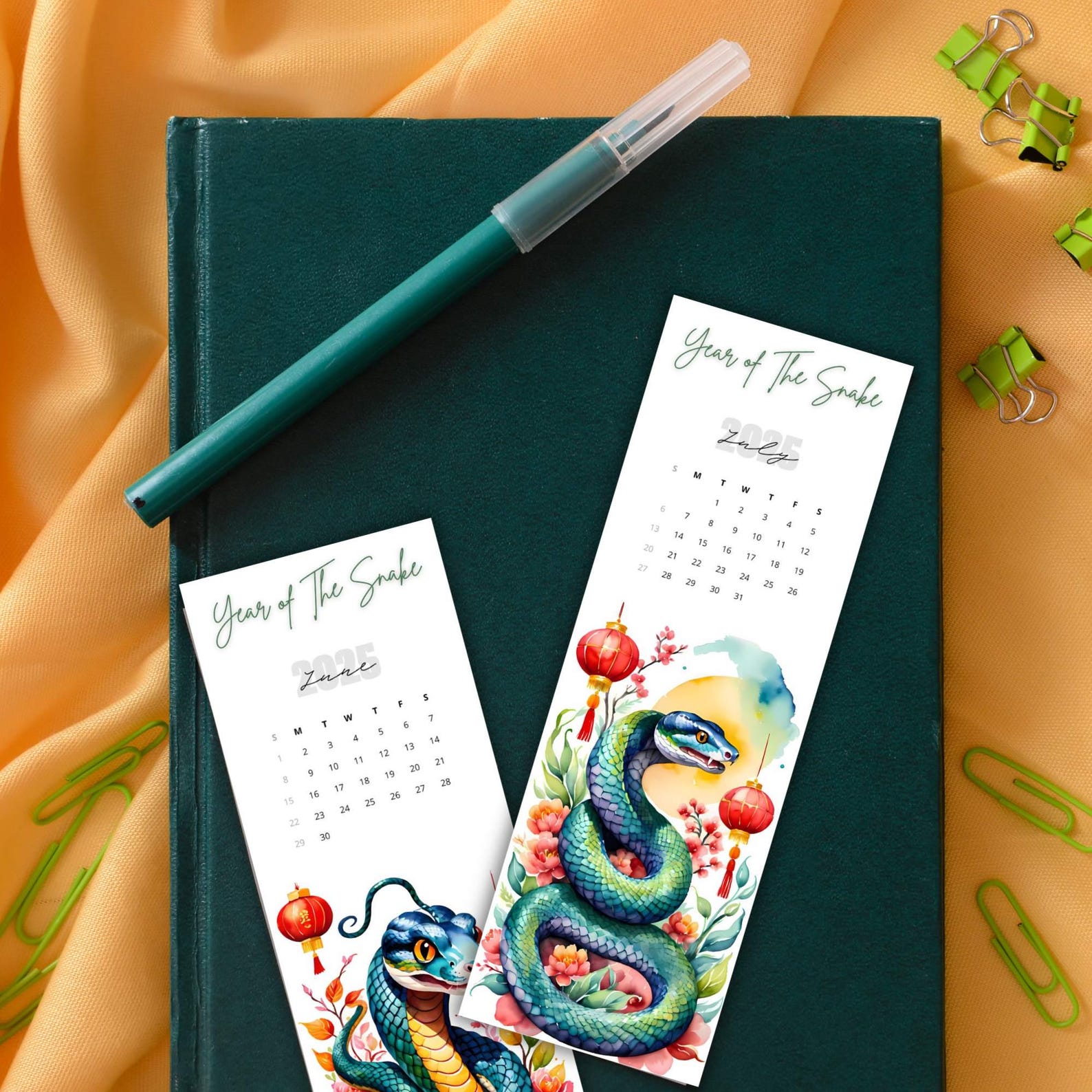 Giftful Bookmarks With 2025 Minicalendar for Year of the Snake – 12 Watercolor Artful Snake ...