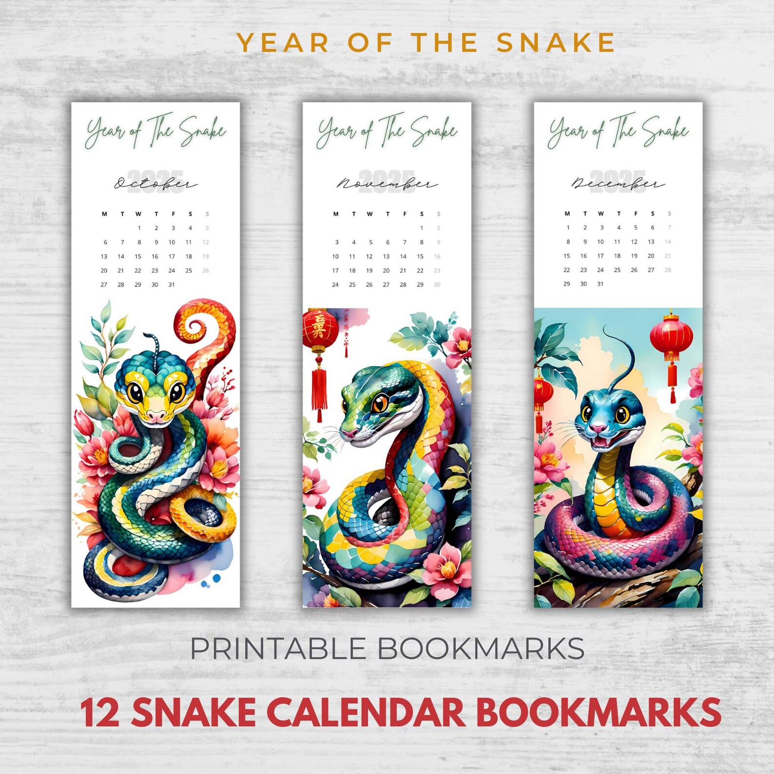 Giftful Bookmarks With 2025 Minicalendar for Year of the Snake – 12 ...