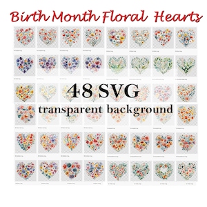 Birth Month Flower Heart Clipart Bundle – 144 JPG, PNG, SVG Watercolor ...