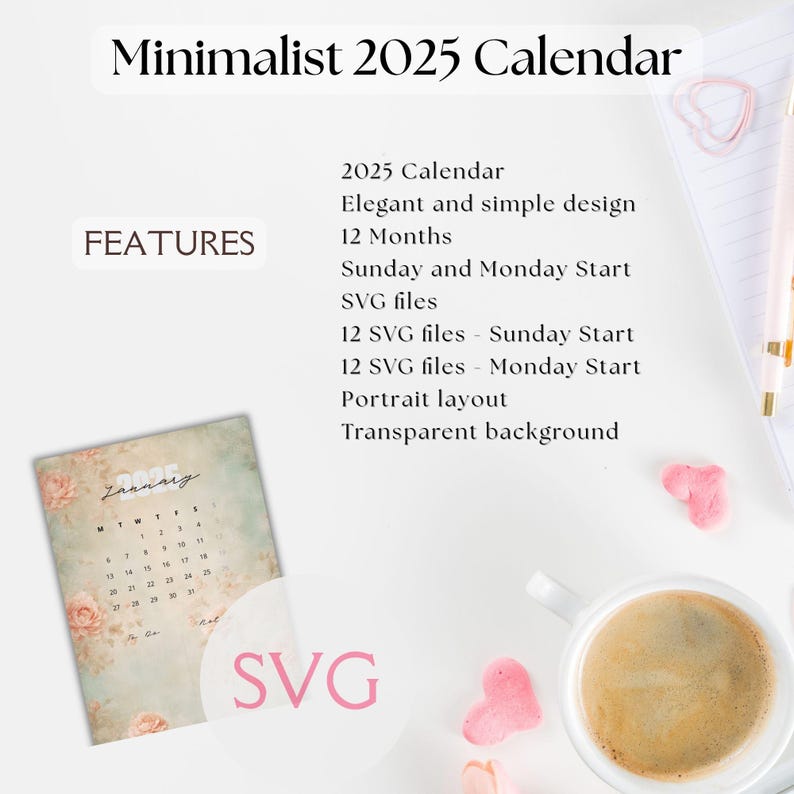 2025 Calendar SVG, Minimalist New Calendar 2025 SVG, Digitable Calendar ...
