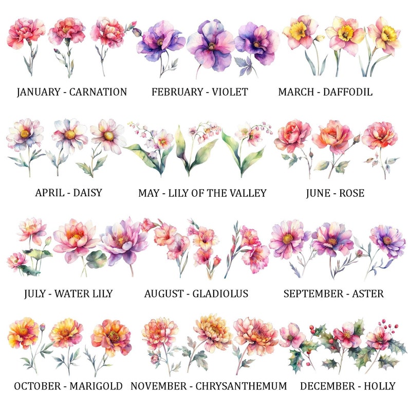 Flower Bundle JPG, PNG, SVG Floral Watercolor Clipart 108 Birth Month ...