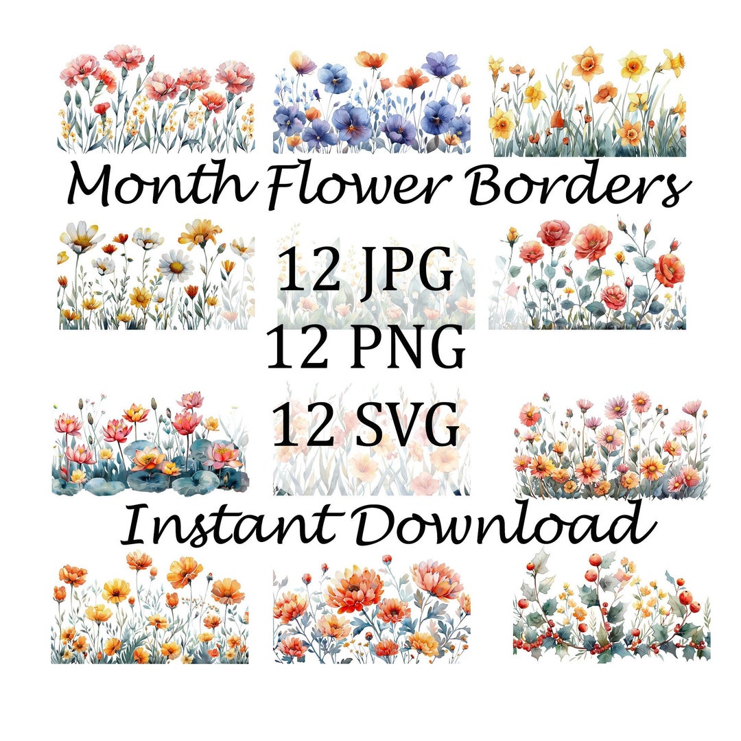 Watercolor Birth Month Flower Borders Clipart (PNG SVG JPG Digital ...