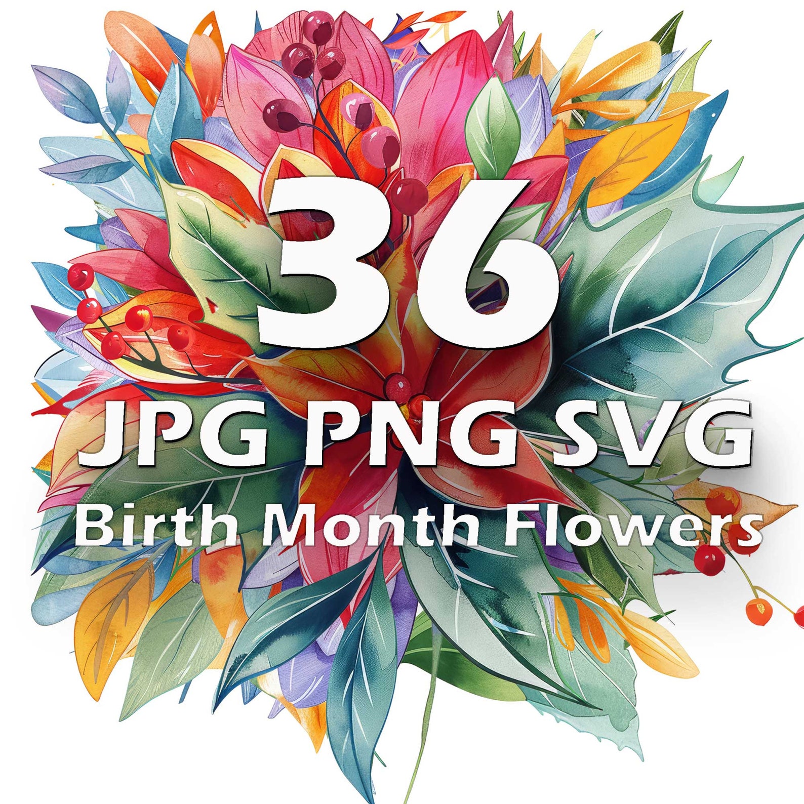 Flower Bundle Floral Watercolor Clipart 36 Files JPG, PNG, SVG Instant ...