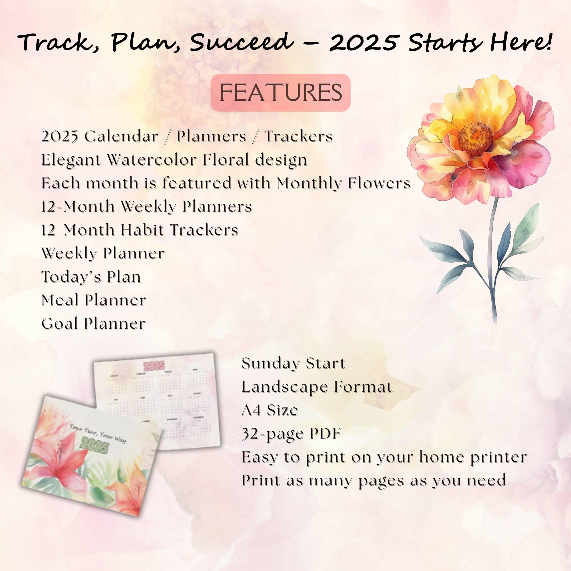 Downloadable 2025 Calendar, Watercolor Month Flower Printable Calendar ...