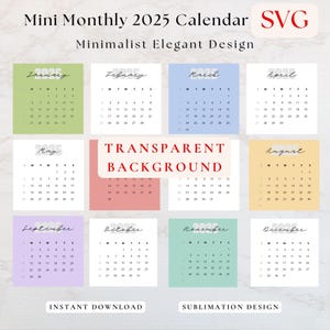 2025 Calendar SVG, Mini 2025 Monthly Calendar, Printable Sublimation ...