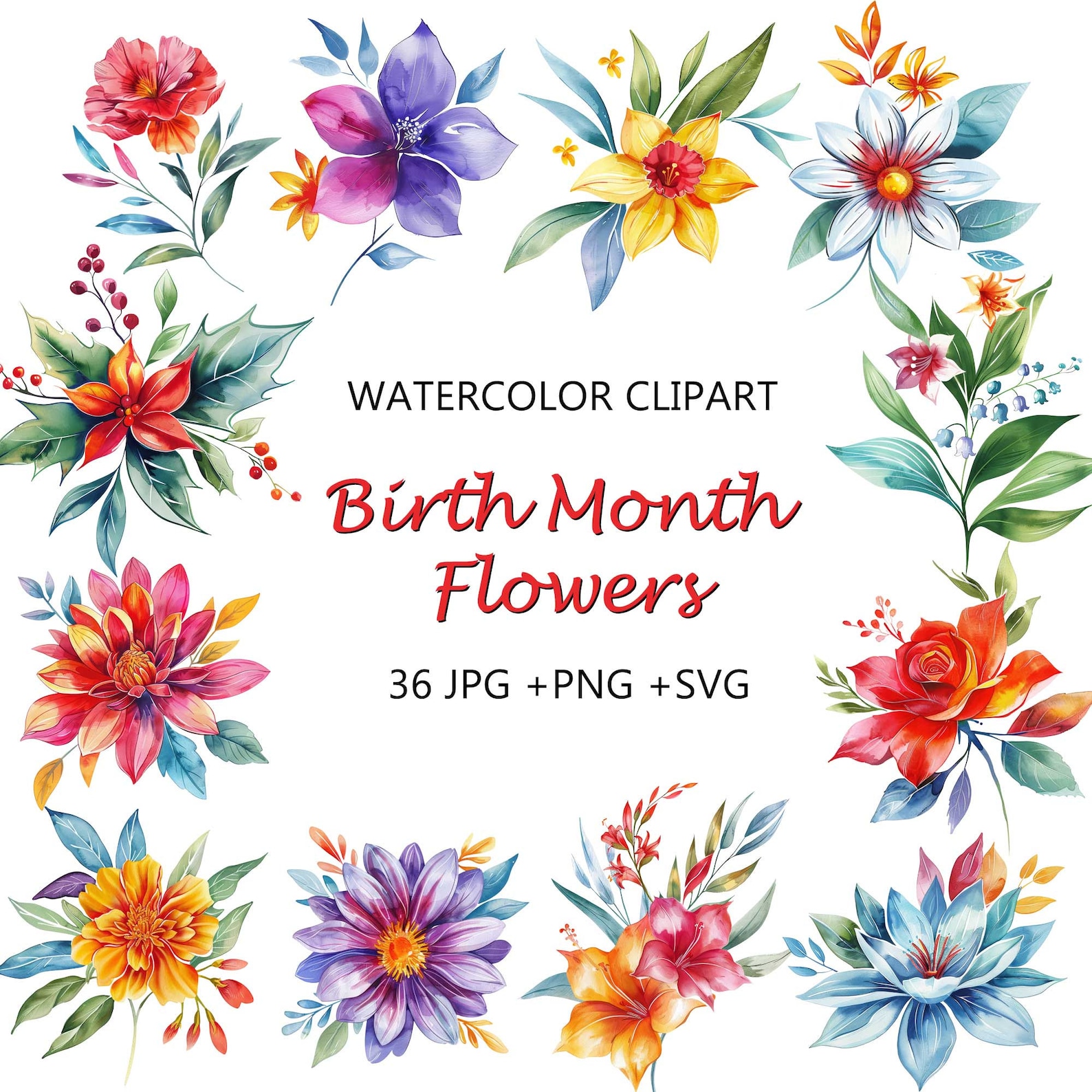 Flower Bundle Floral Watercolor Clipart 36 Files JPG, PNG, SVG Instant ...