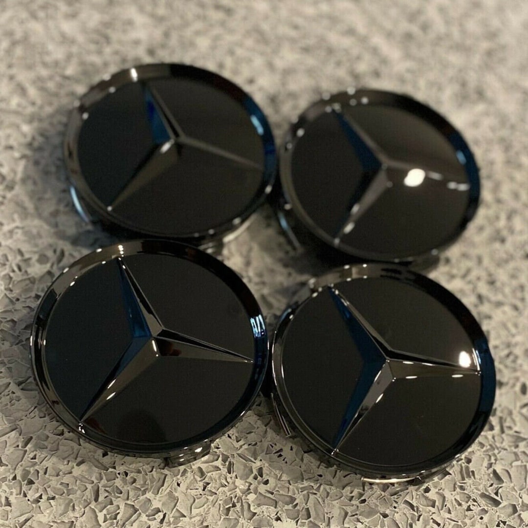 4x Mercedes Benz Wheel Center Caps 75mm Glossy Black Rim Emblem Hubcap ...