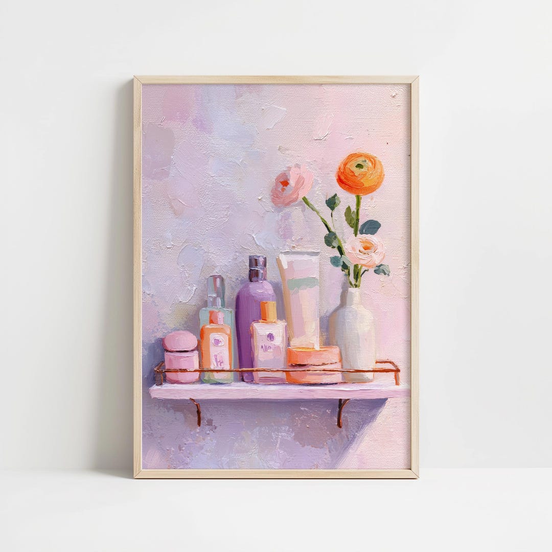 Printable Pastel Gouache Bathroom Shelf Art - Soft Feminine Skincare ...