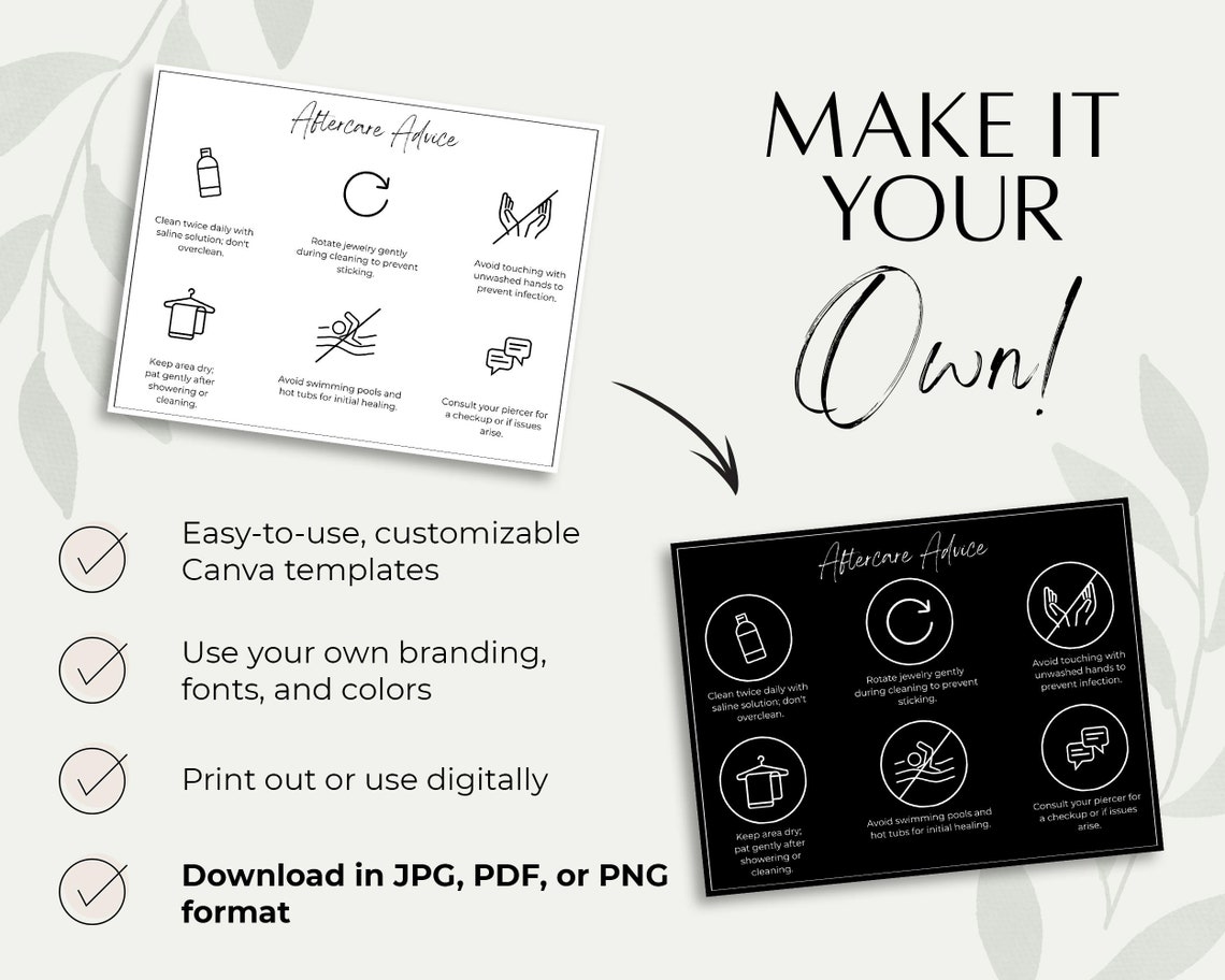 Piercing Aftercare Cards - Printable Customizable Care Instruction ...