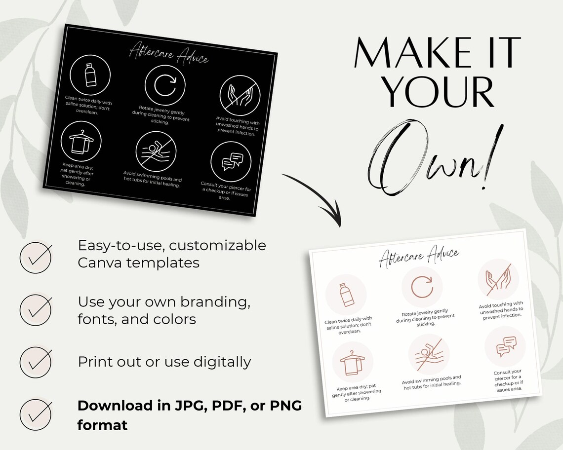 Piercing Aftercare Cards - Editable Post-treatment Care Card Templates ...