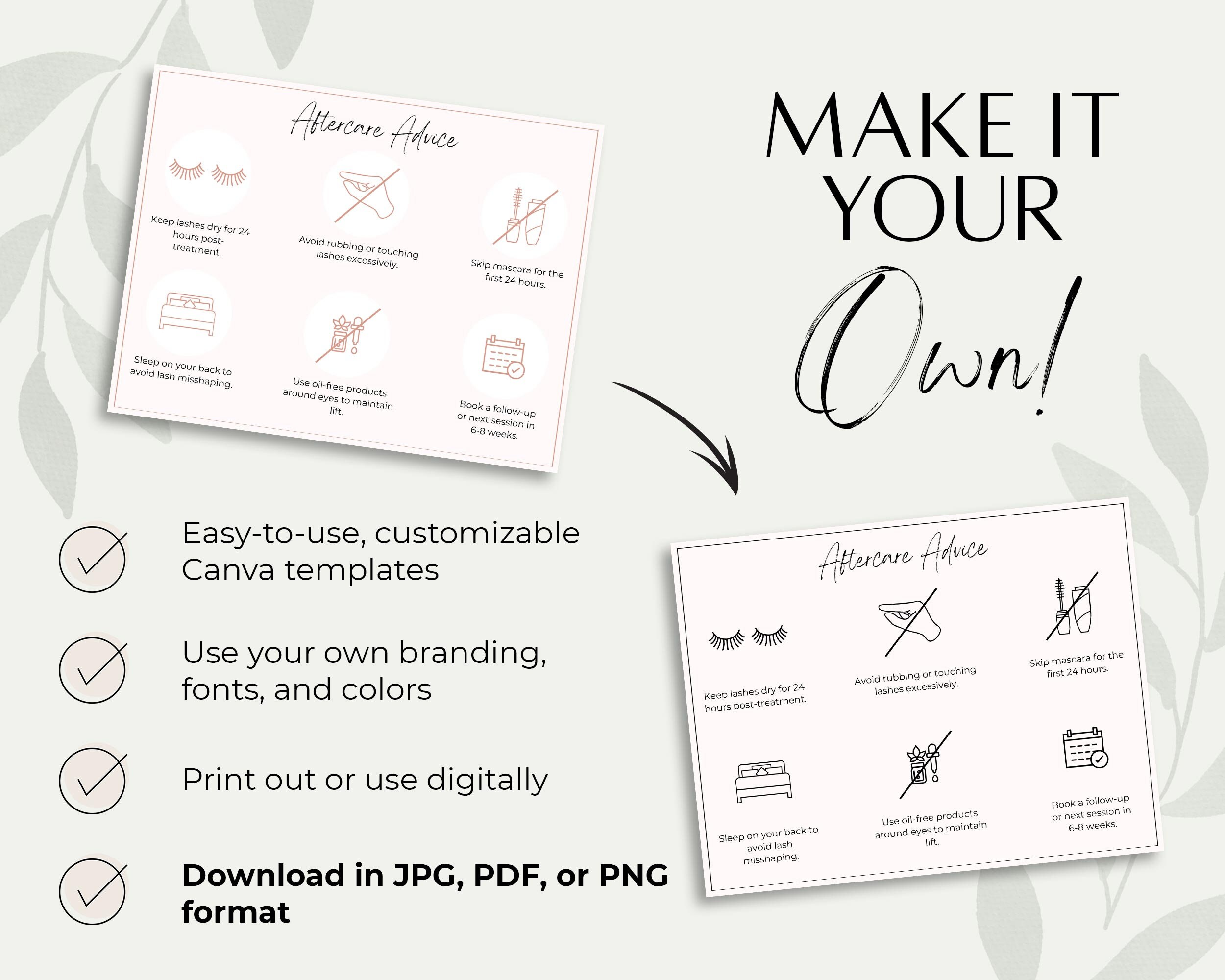 Lash Lift Aftercare Cards - Printable & Customizable Care Instruction ...