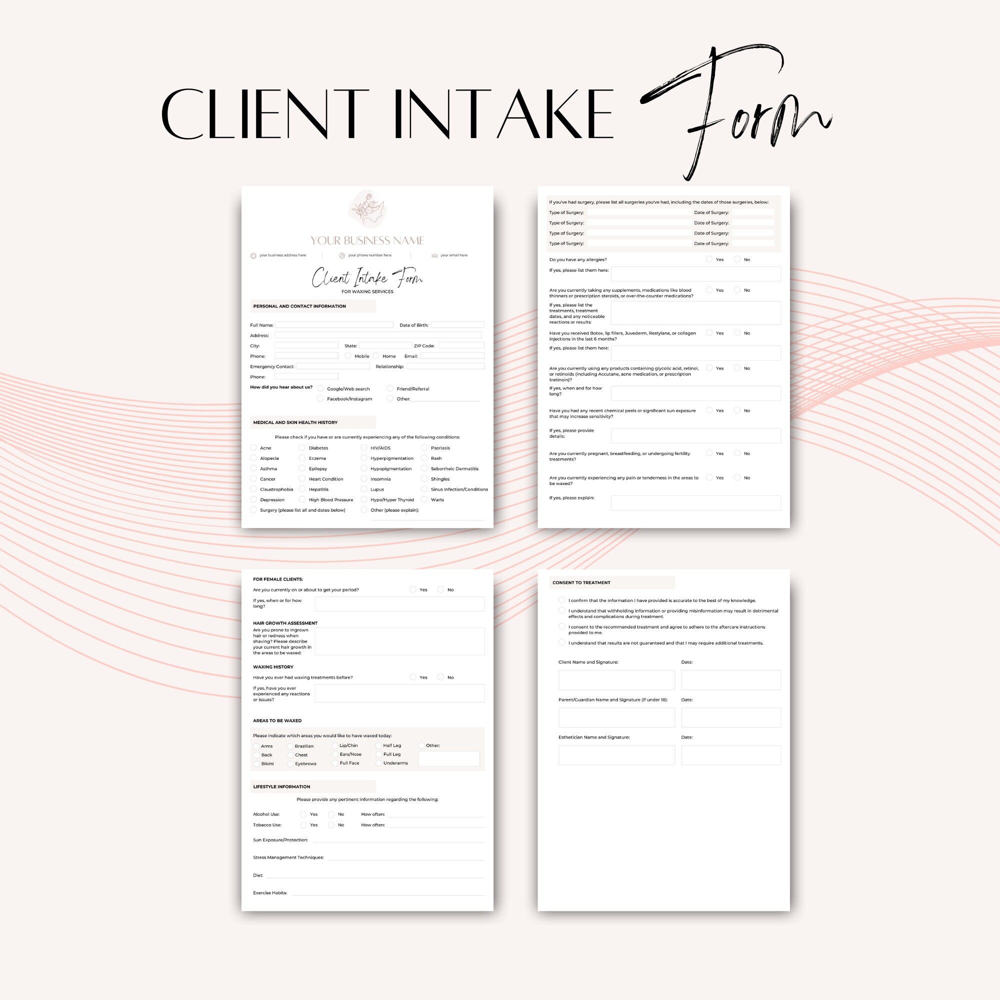 Waxing Treatment Forms Editable Client Intake, Consent, Consultation ...