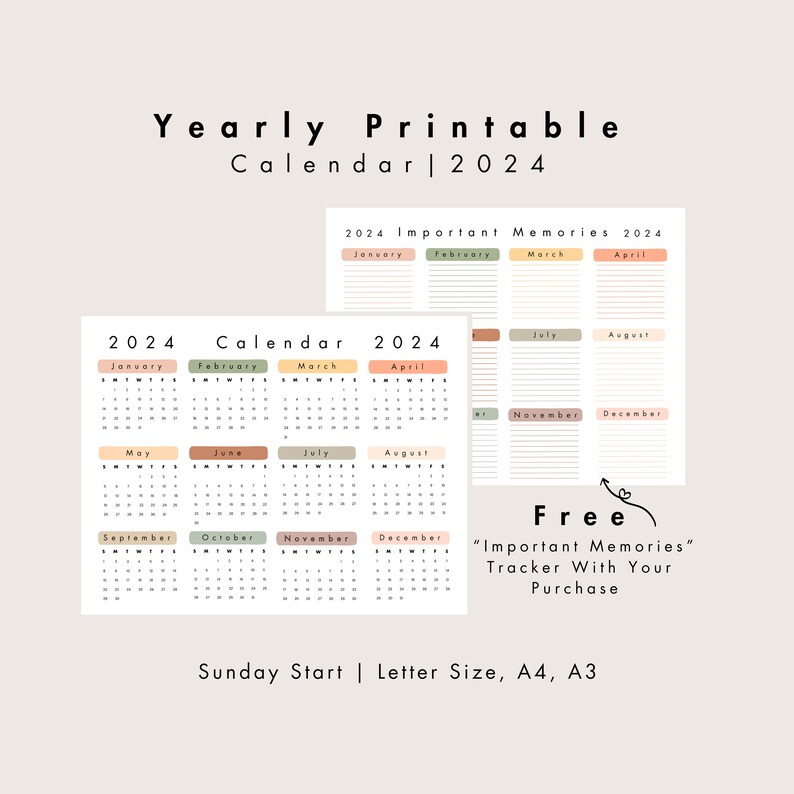 2024 Yearly Printable Calendar, Boho Calendar, 2024 Calendar, Digital ...