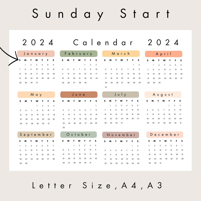 2024 Yearly Printable Calendar, Boho Calendar, 2024 Calendar, Digital ...