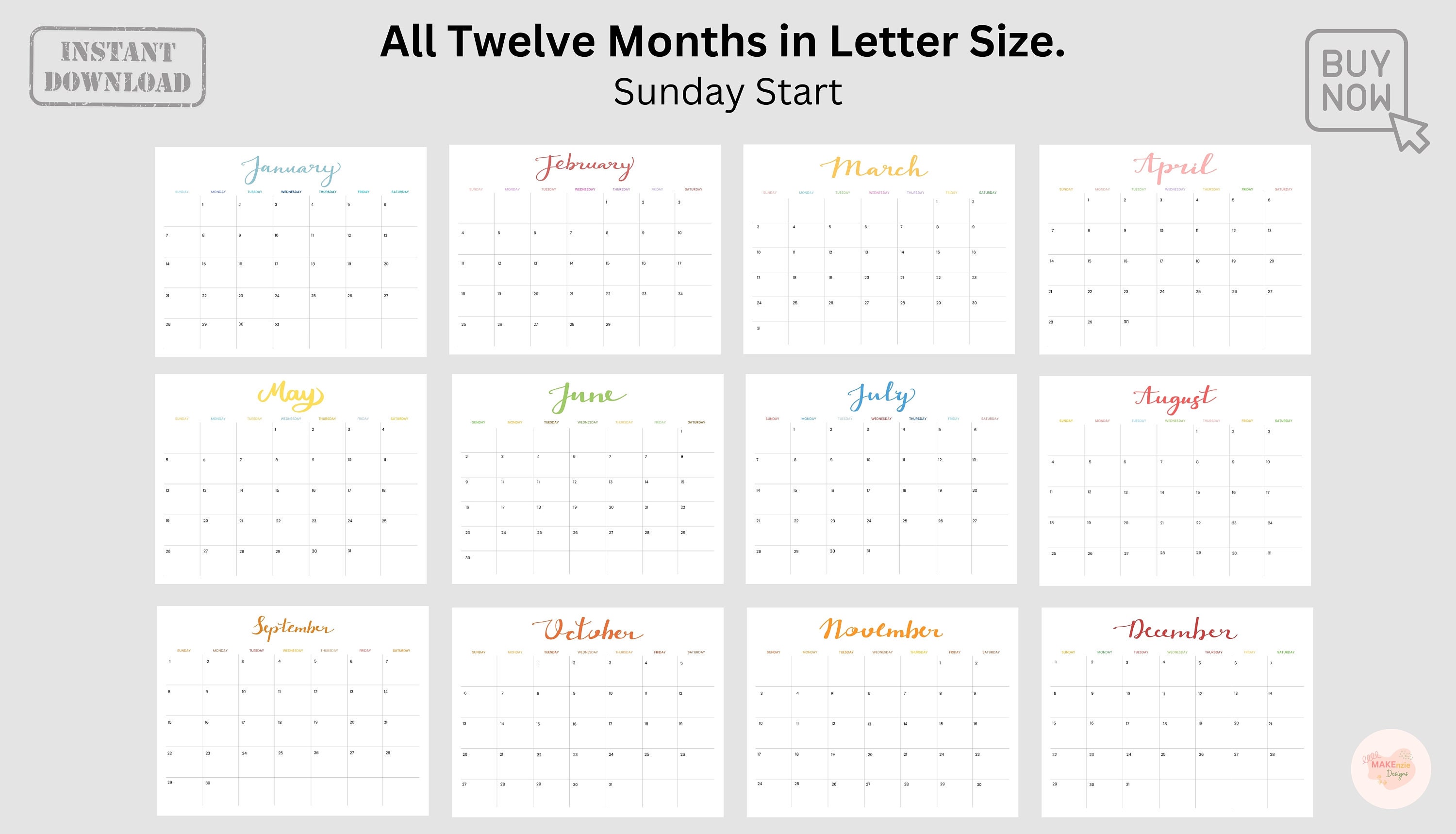 Simple Printable Calendar 2024 Monthly Planner Letter Size Landscape ...