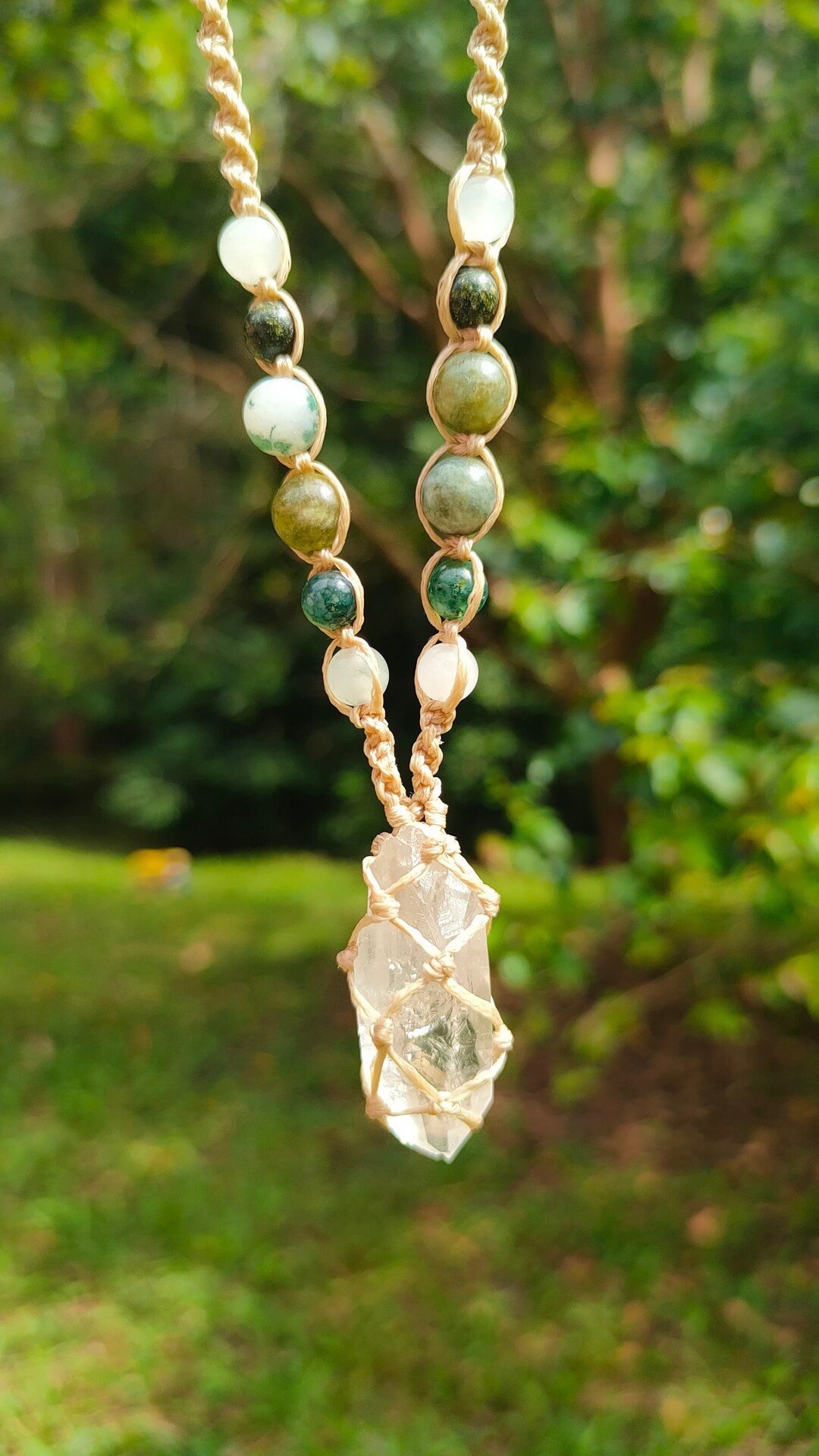 Boho Quartz Necklace, Clear Quartz Point With Green Gemstones ...