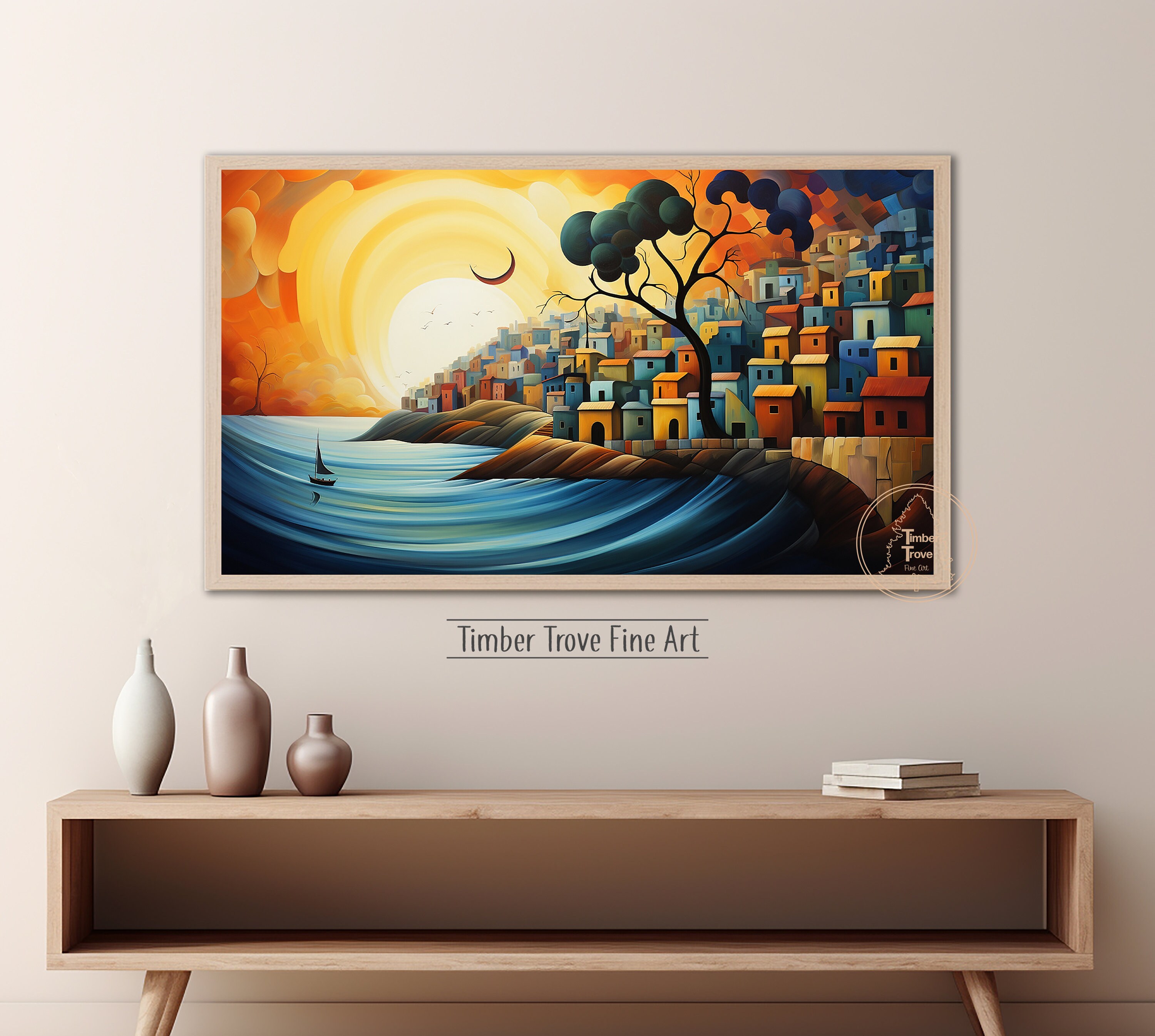 Folk Art Seaside Village Frame TV Art (digital Download) - Etsy