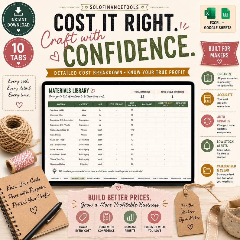 Craft Pricing Calculator Spreadsheet Handmade Product Cost Tracker Etsy ...