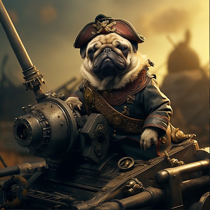 An Army Pug in a Military Uniform on Top of a Cannon, in the Style of ...