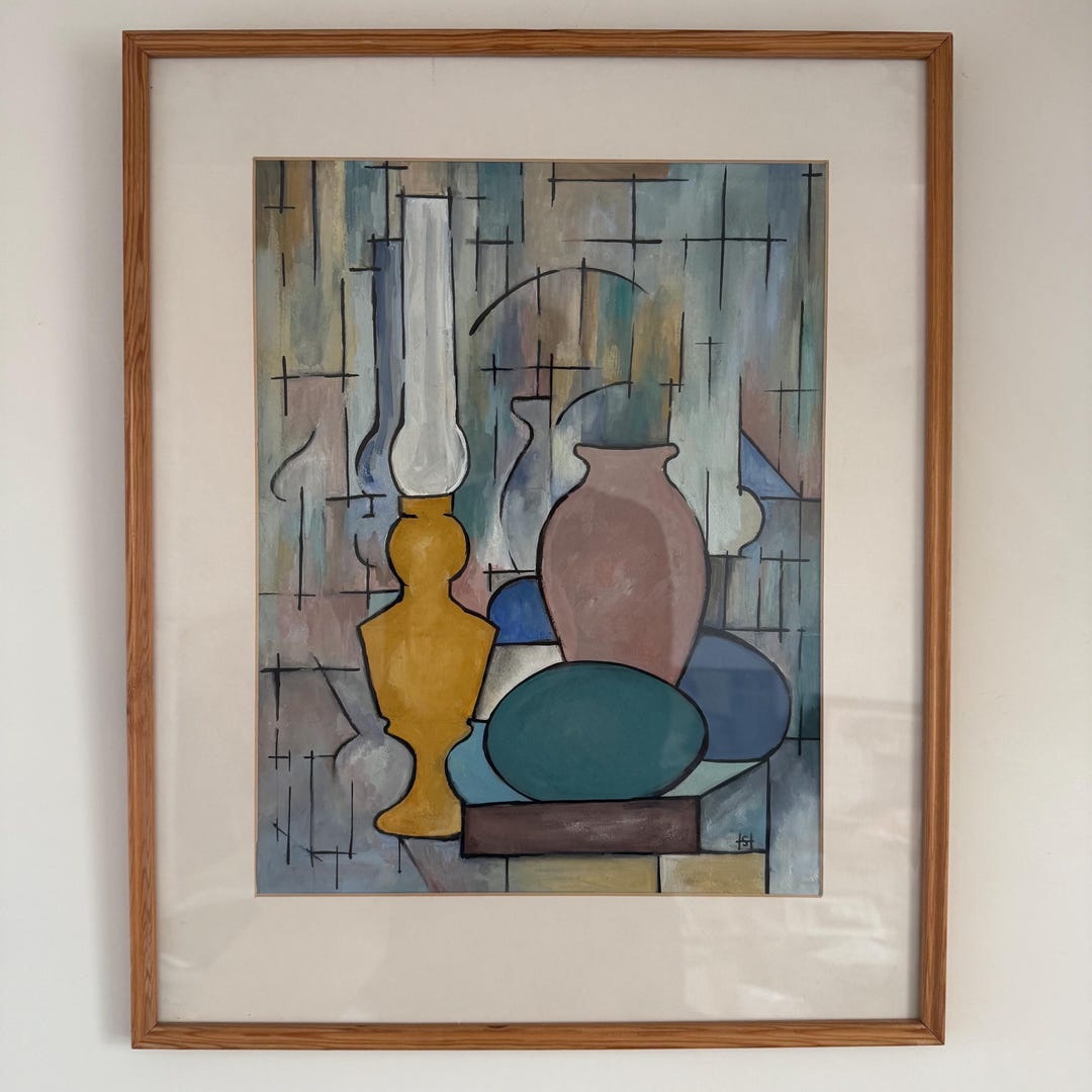 Vintage Geometric Still Life Painting Mid-century, Framed Original Art ...