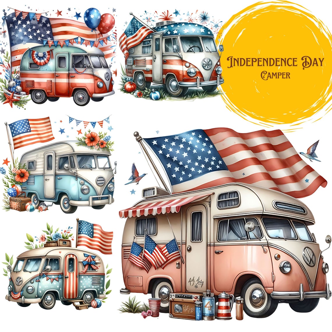 Independence Day Camper Clip Art Set 16 High-resolution Pngs ...