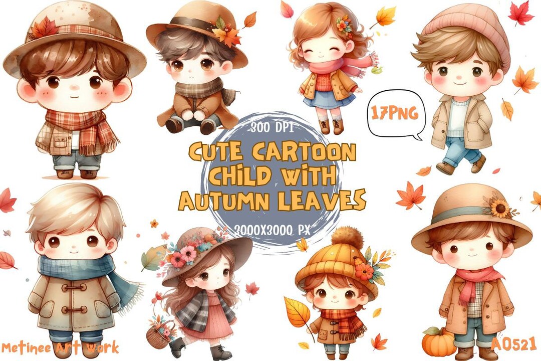 Cute Cartoon Child With Autumn Leaves A0521 14 Pngs Adorable Autumn ...