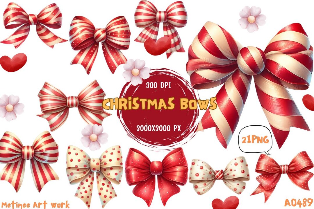 Christmas Bows Clipart Set 21 Pngs Festive Holiday Bow Illustrations ...