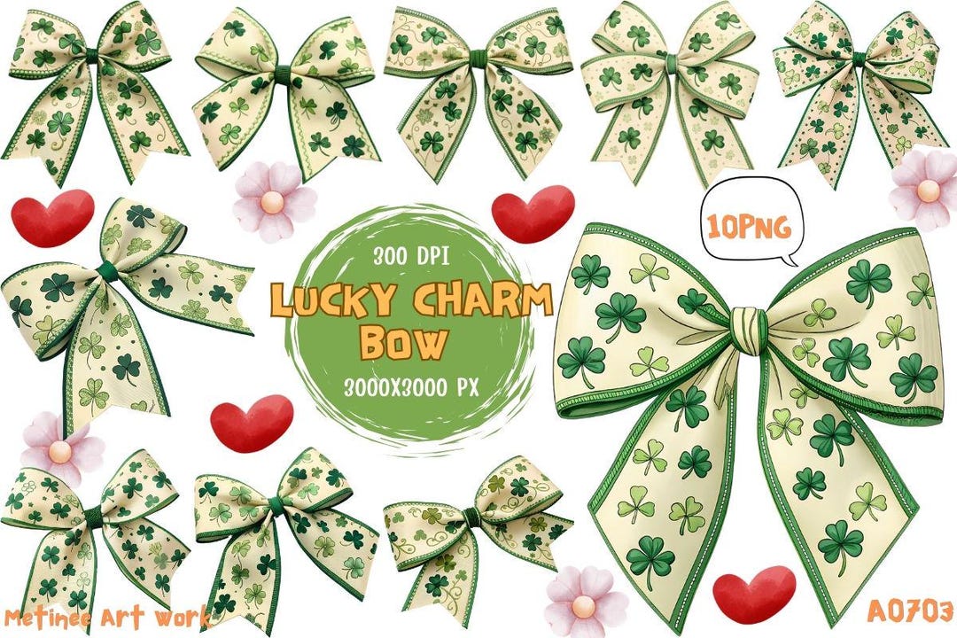 Lucky Charm Bow A0703 Watercolor Clipart: Elegant Clover Bows for St ...