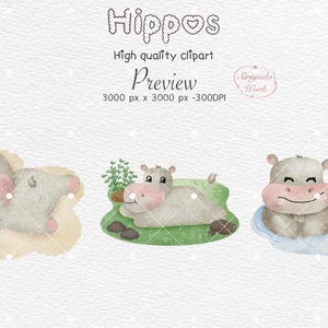Watercolor Hippos Clipart, Baby Hippo Clipart, Kawaii Hippo ...