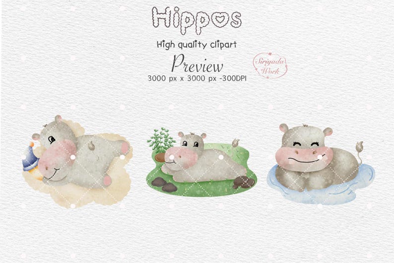 Watercolor Hippos Clipart, Baby Hippo Clipart, Kawaii Hippo ...