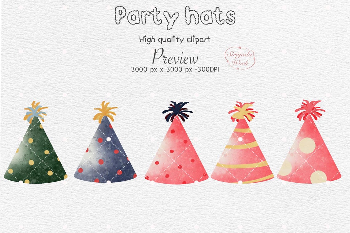 Watercolor Party Hats Clipart, Birthday Hats Clipart, Rainbow Clipart ...