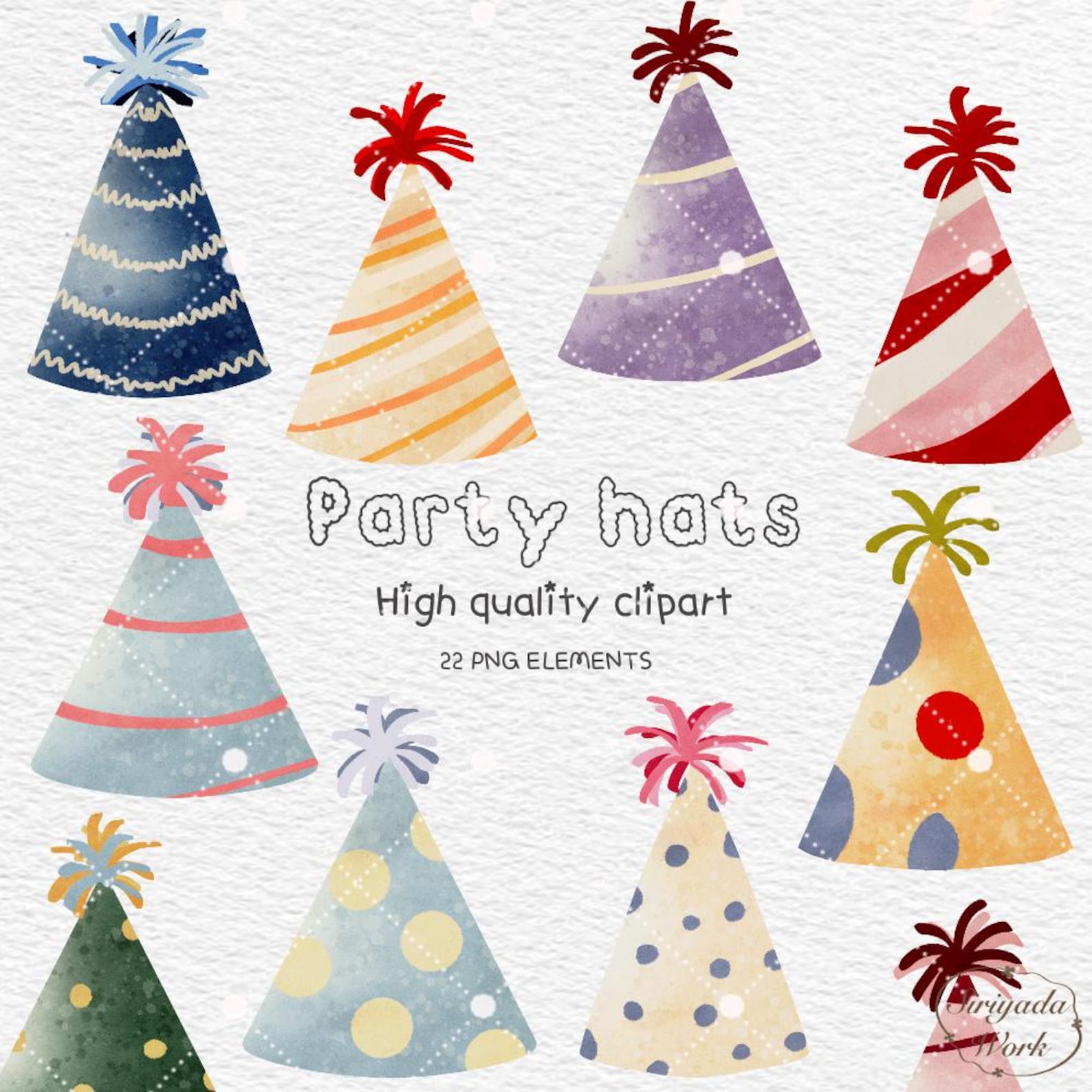 Watercolor Party Hats Clipart, Birthday Hats Clipart, Rainbow Clipart ...