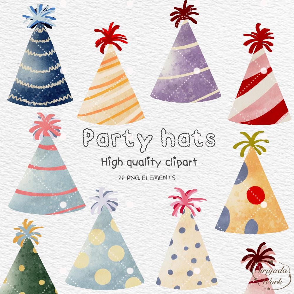 Watercolor Party Hats Clipart, Birthday Hats Clipart, Rainbow Clipart ...