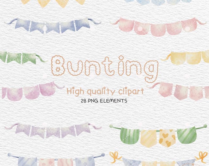 Bunting Clipart Bundle, Watercolor Pastel Flag PNG Digital Download ...