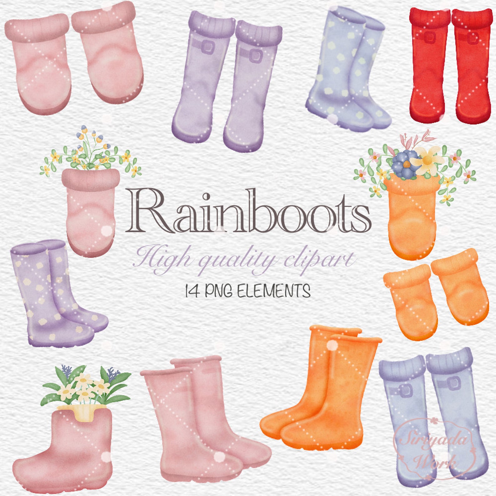 Watercolor Rainboots Clipart, Floral Rainboots Clipart, Garden Clipart ...