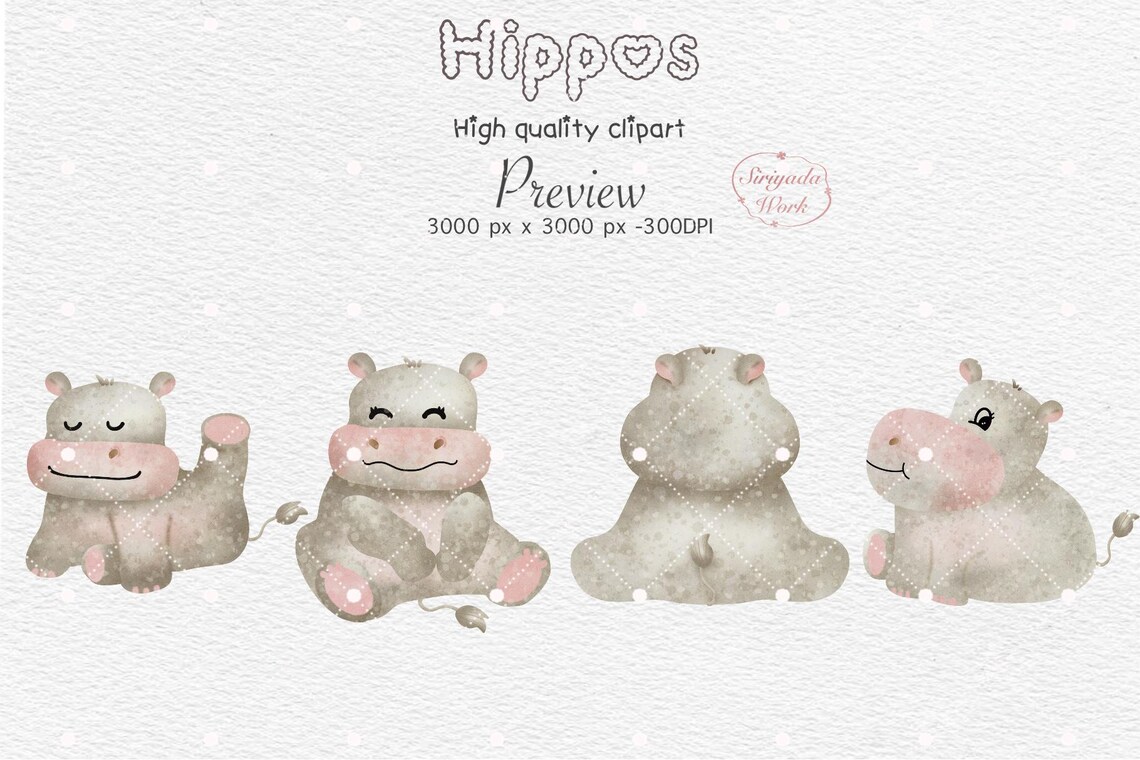 Watercolor Hippos Clipart, Baby Hippo Clipart, Kawaii Hippo ...