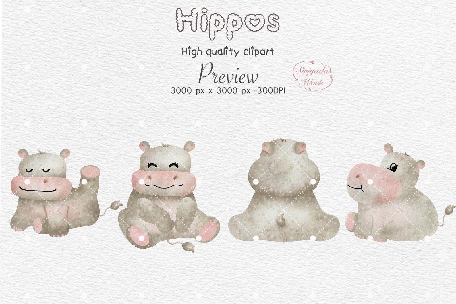Watercolor Hippos Clipart, Baby Hippo Clipart, Kawaii Hippo ...