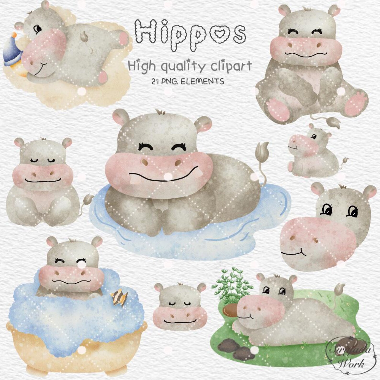 Watercolor Hippos Clipart, Baby Hippo Clipart, Kawaii Hippo ...