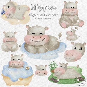 Watercolor Hippos Clipart, Baby Hippo Clipart, Kawaii Hippo ...
