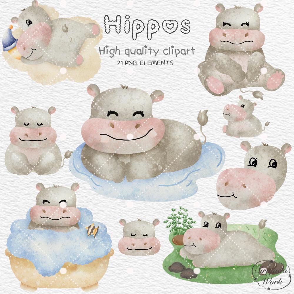 Watercolor Hippos Clipart, Baby Hippo Clipart, Kawaii Hippo ...