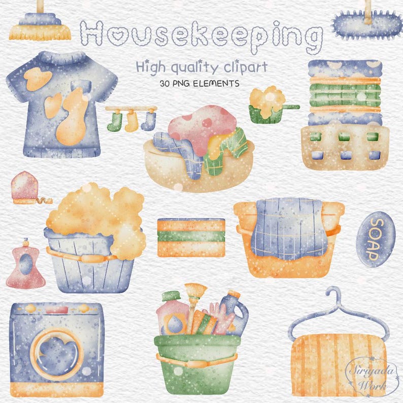 Watercolor Housekeeping Clipart, Cleaning PNG, Laundry Clipart, House ...